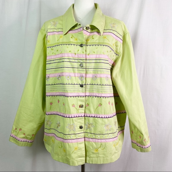 Vintage | Jackets & Coats | Vintage Chartreuse Green Floral Gingham ...
